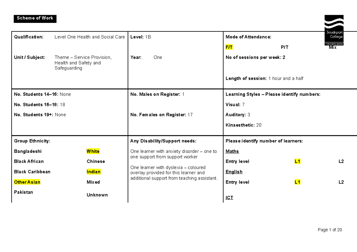Level ONE HSC SOW 2014 - Qualification: Level One Health and Social ...