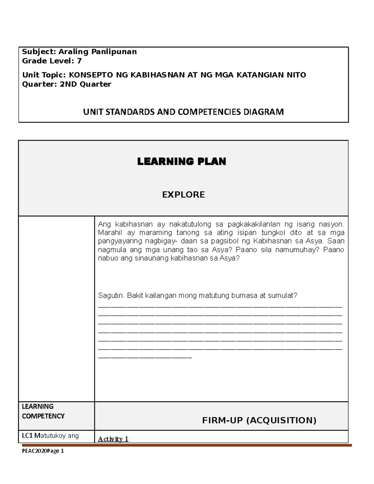 Learning Plan-AP 7 2NDQuarter - Subject: Araling Panlipunan Grade Level ...