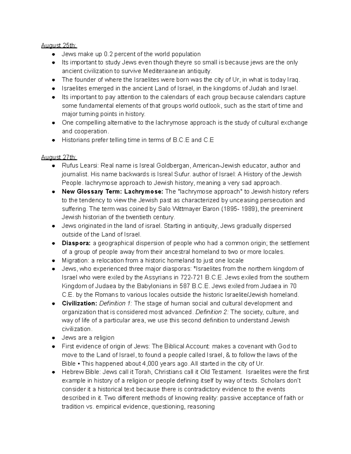 Jewish Class Lecture Notes - August 25th: Jews make up 0 percent of the ...