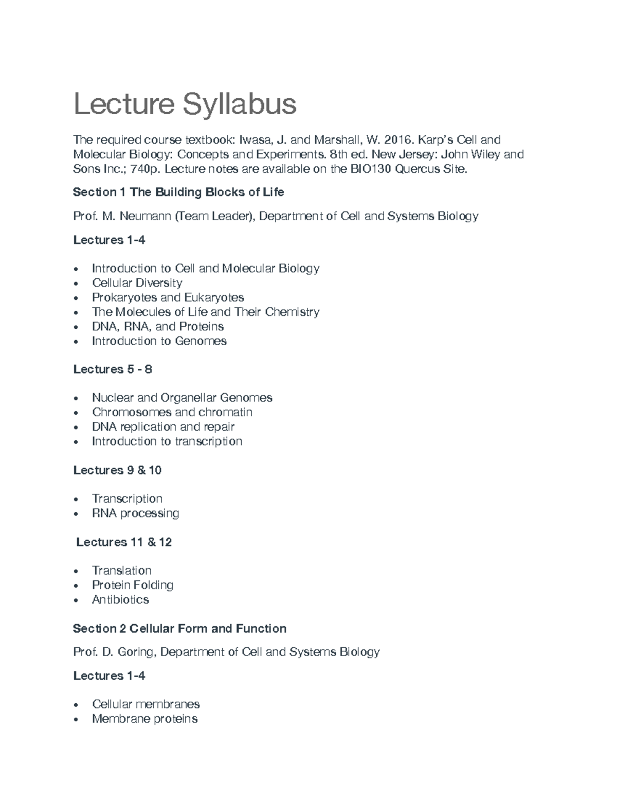 BIO130 Lecture Syllabus - Lecture Syllabus The required course textbook ...
