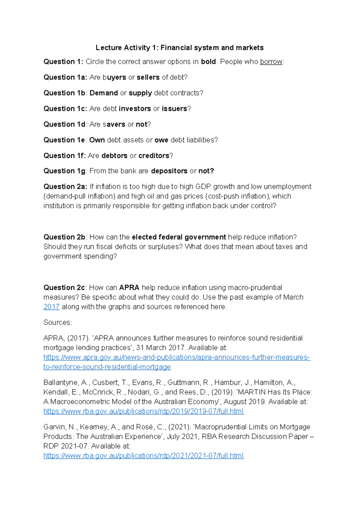 1 lecture activity questions - Lecture Activity 1: Financial system and ...