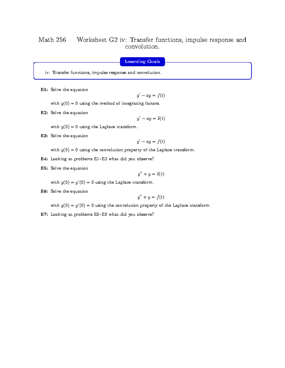 Worksheet G Transfer functions and convolutions - Math 256 Worksheet G2 ...