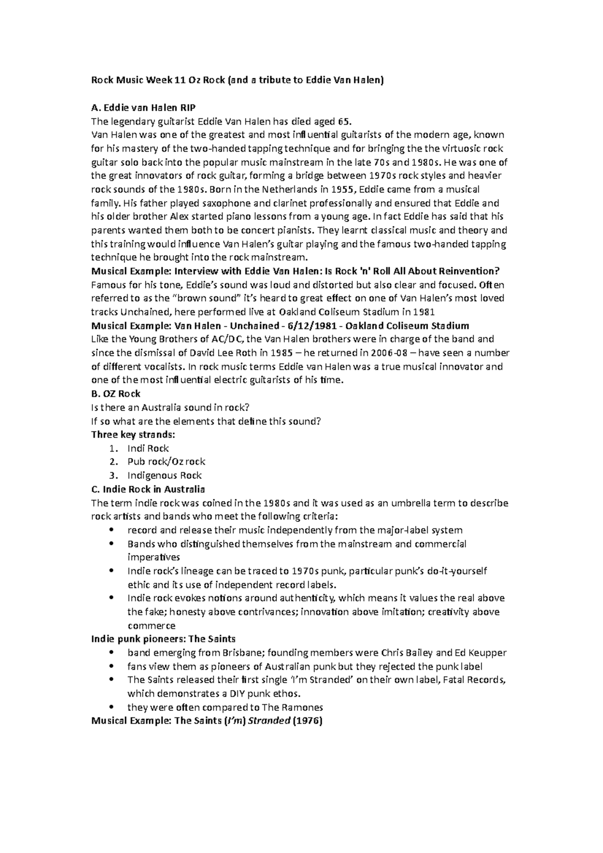 Rock Music Week 11 Lecture Handout 2020-1 - Rock Music Week 11 Oz Rock ...