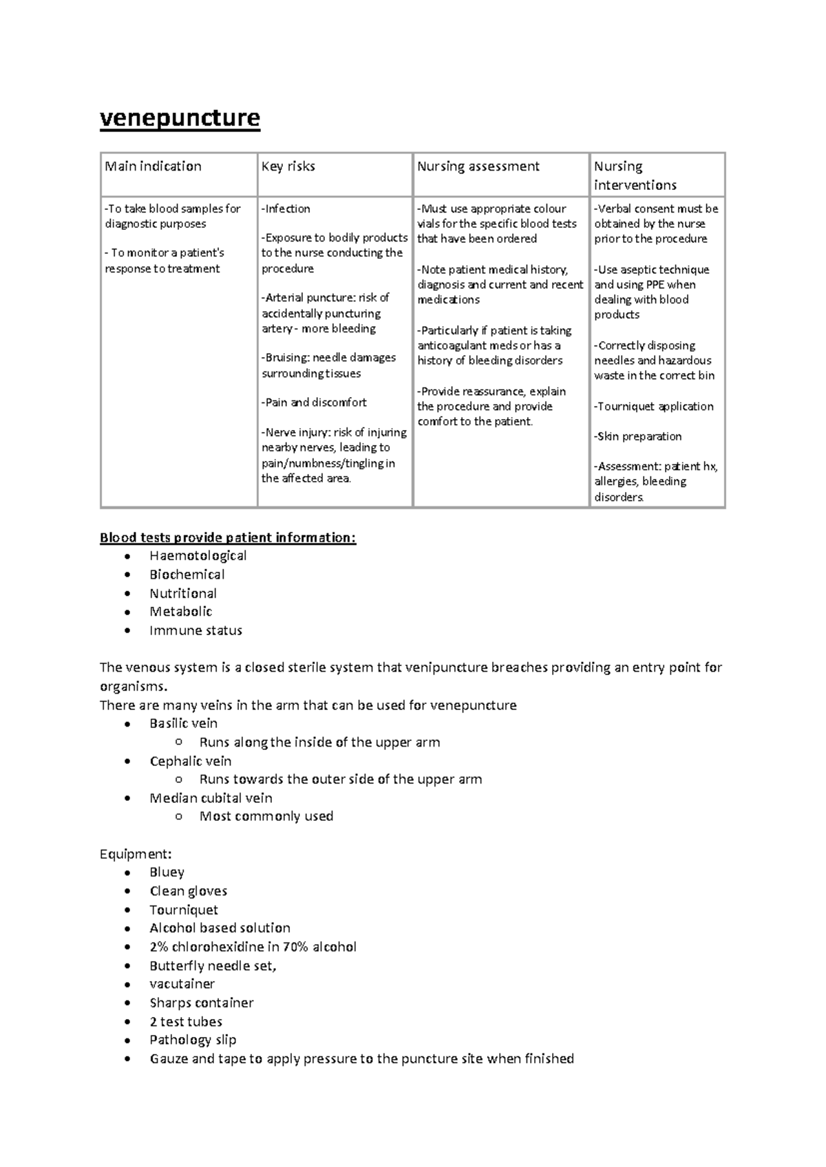 Venepuncture - venepuncture Main indication Key risks Nursing ...