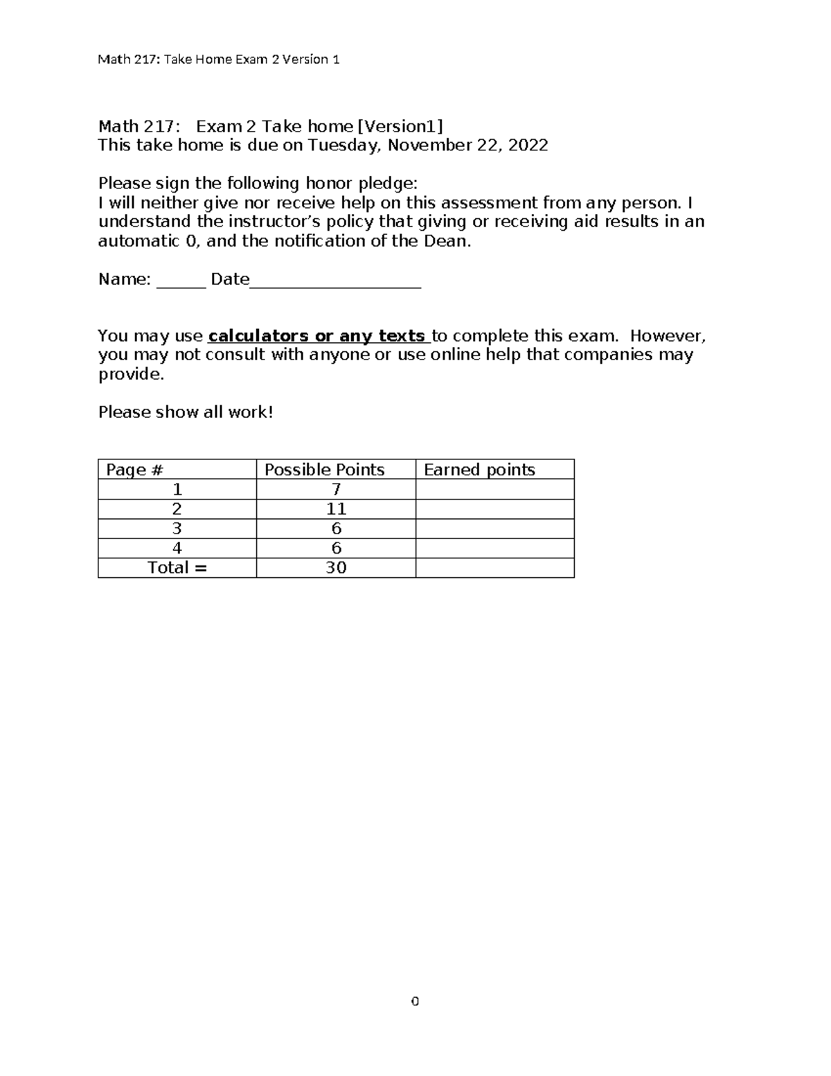E2 Take Home Version 1 - essay - Math 217: Exam 2 Take home [Version1 ...