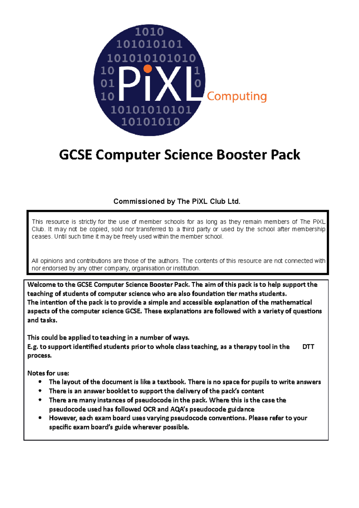 Computer Science Booster Pack Questions - GCSE Computer Science Booster ...