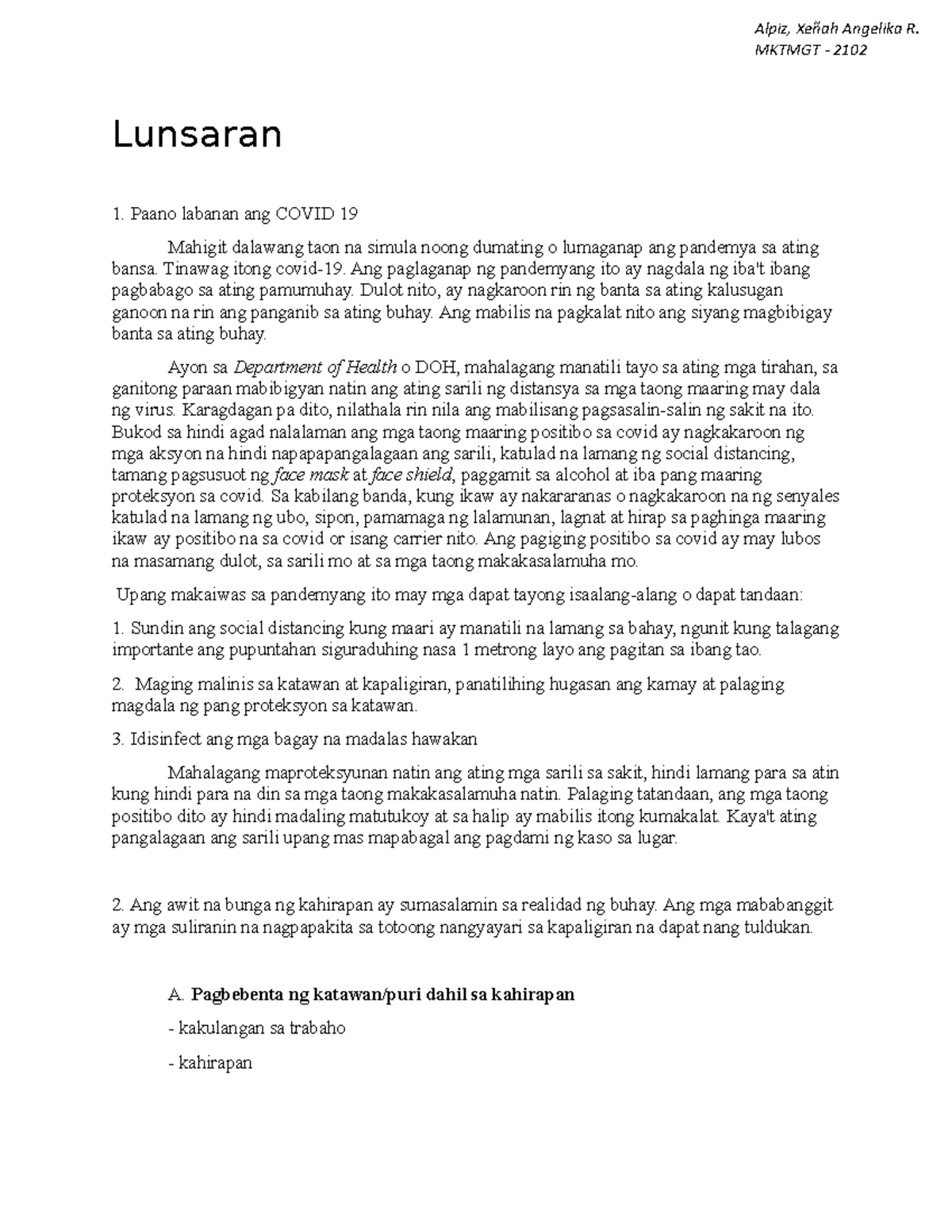 Lunsaran - Alpiz, X - Essay - Lunsaran Paano labanan ang COVID 19 ...