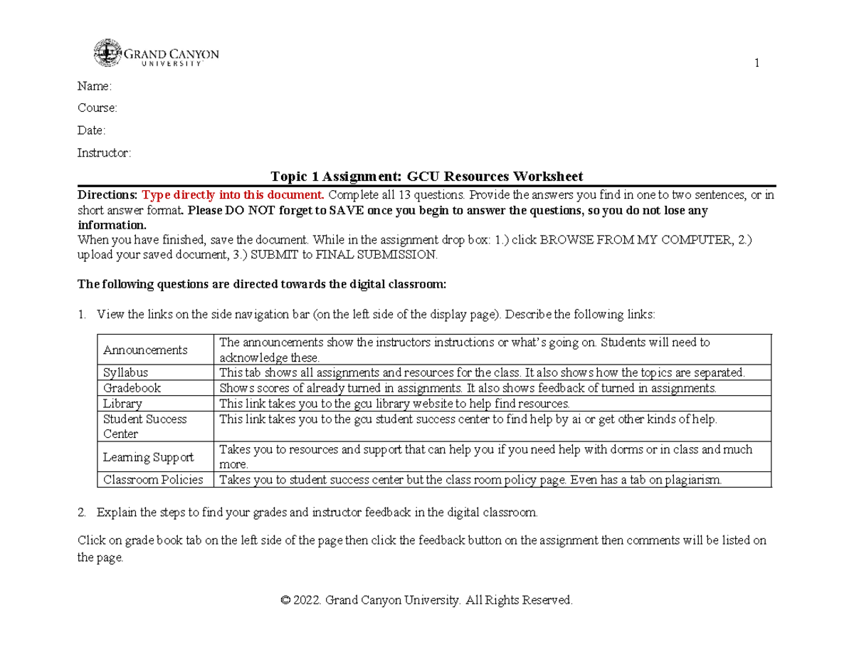 UNV 103 RS T1 Resources Worksheet Trad - Name: Course: Date: Instructor ...