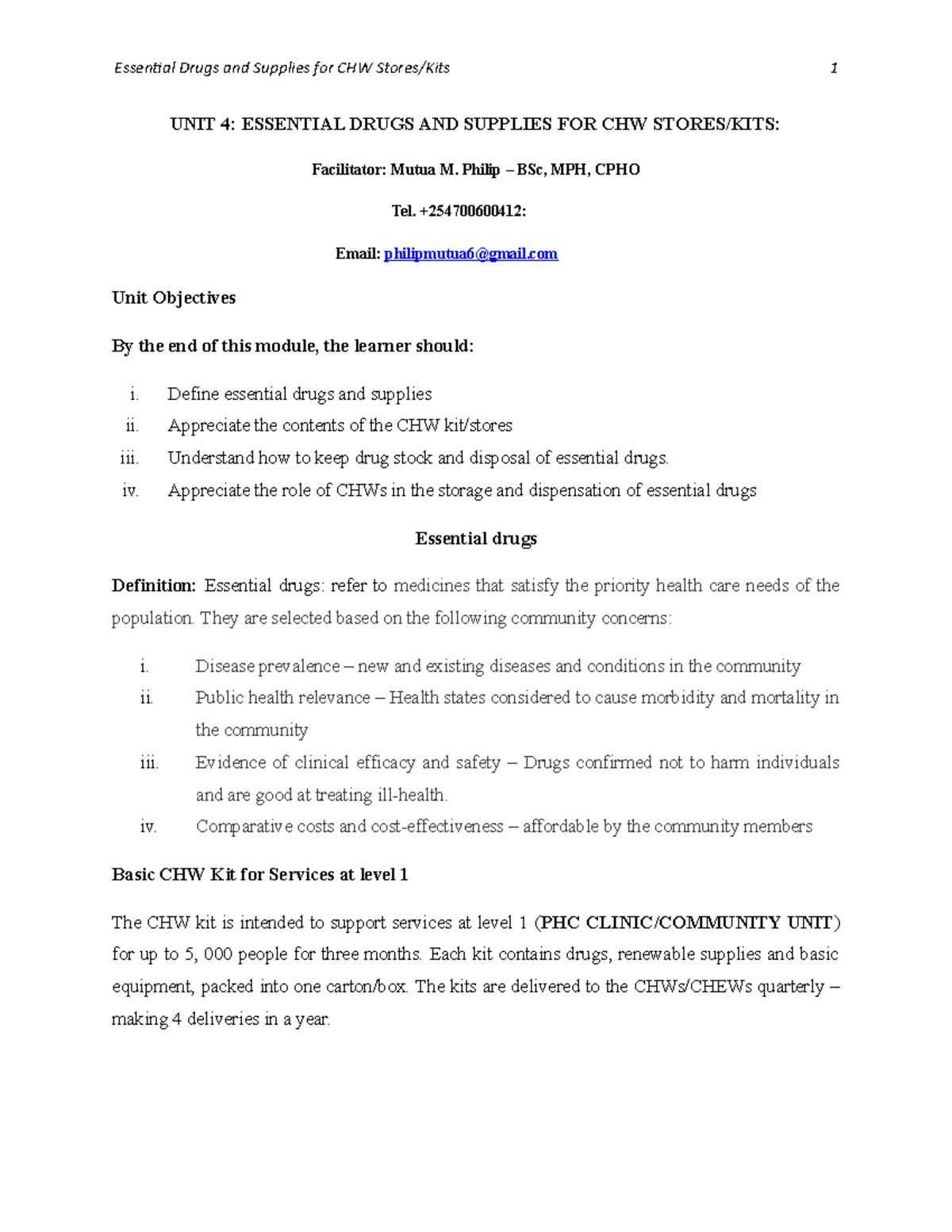 Essential Drugs PCH - Lecture notes 7 - UNIT 4: ESSENTIAL DRUGS AND ...