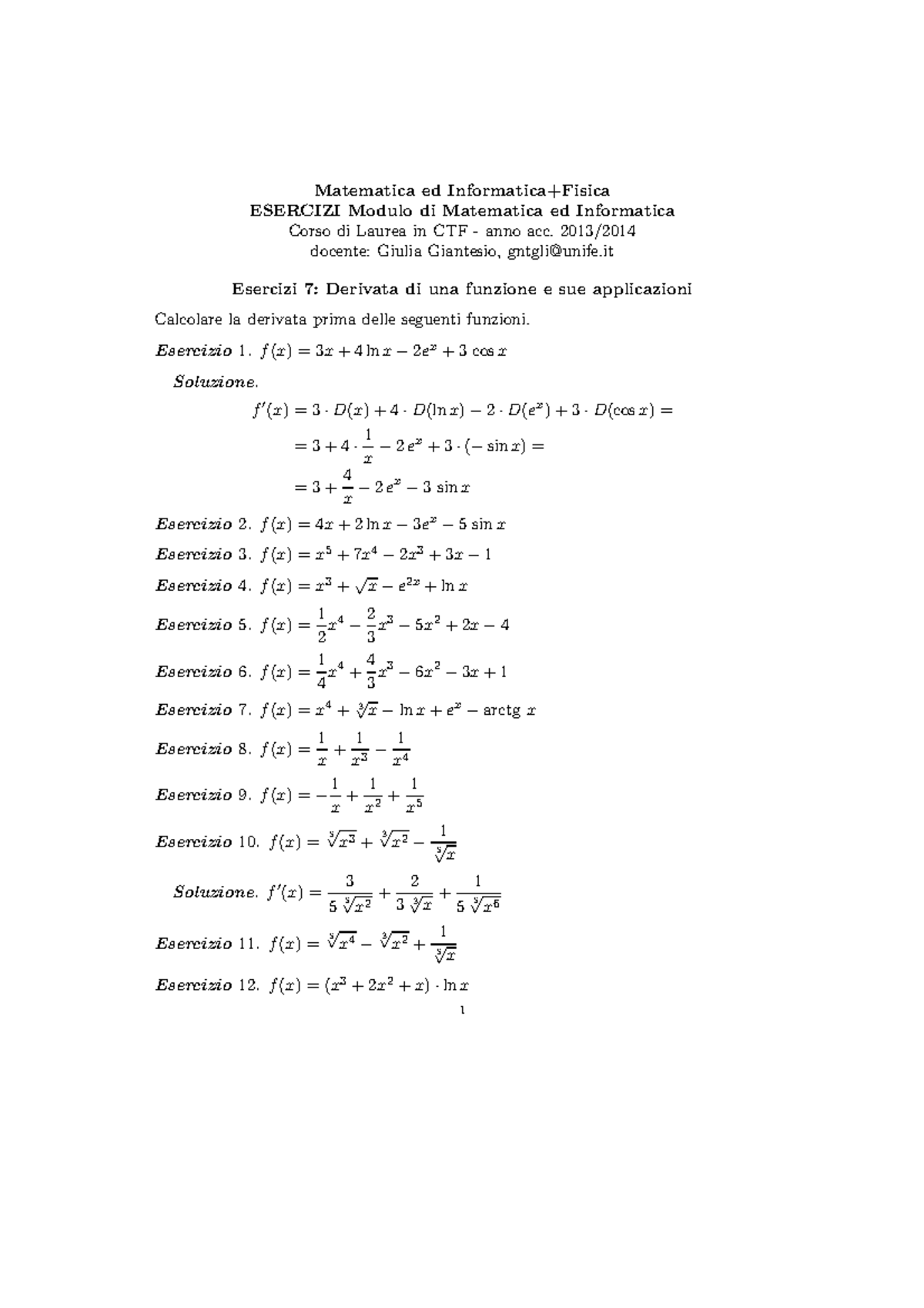 Esercizi derivate - Matematica ed Informatica+Fisica ESERCIZI Modulo di Matematica ed ...