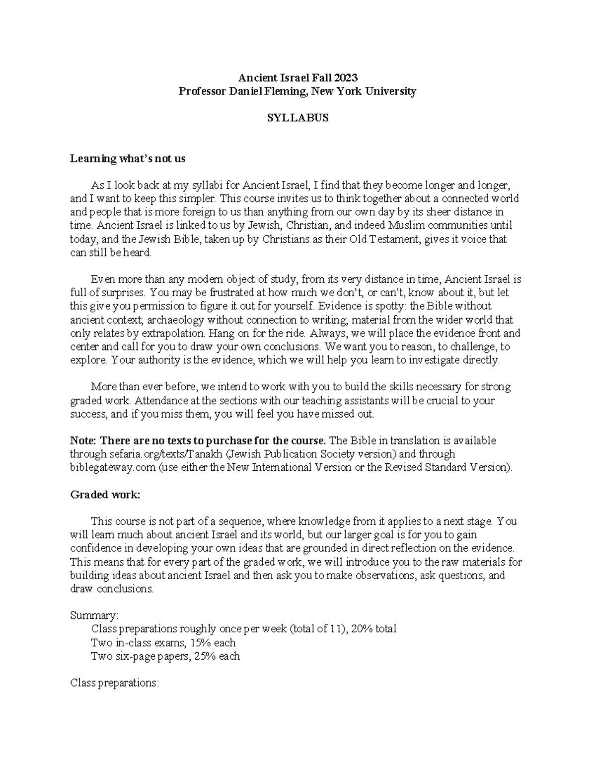 Ancient Isael Syllabus - Ancient Israel Fall 2023 Professor Daniel ...