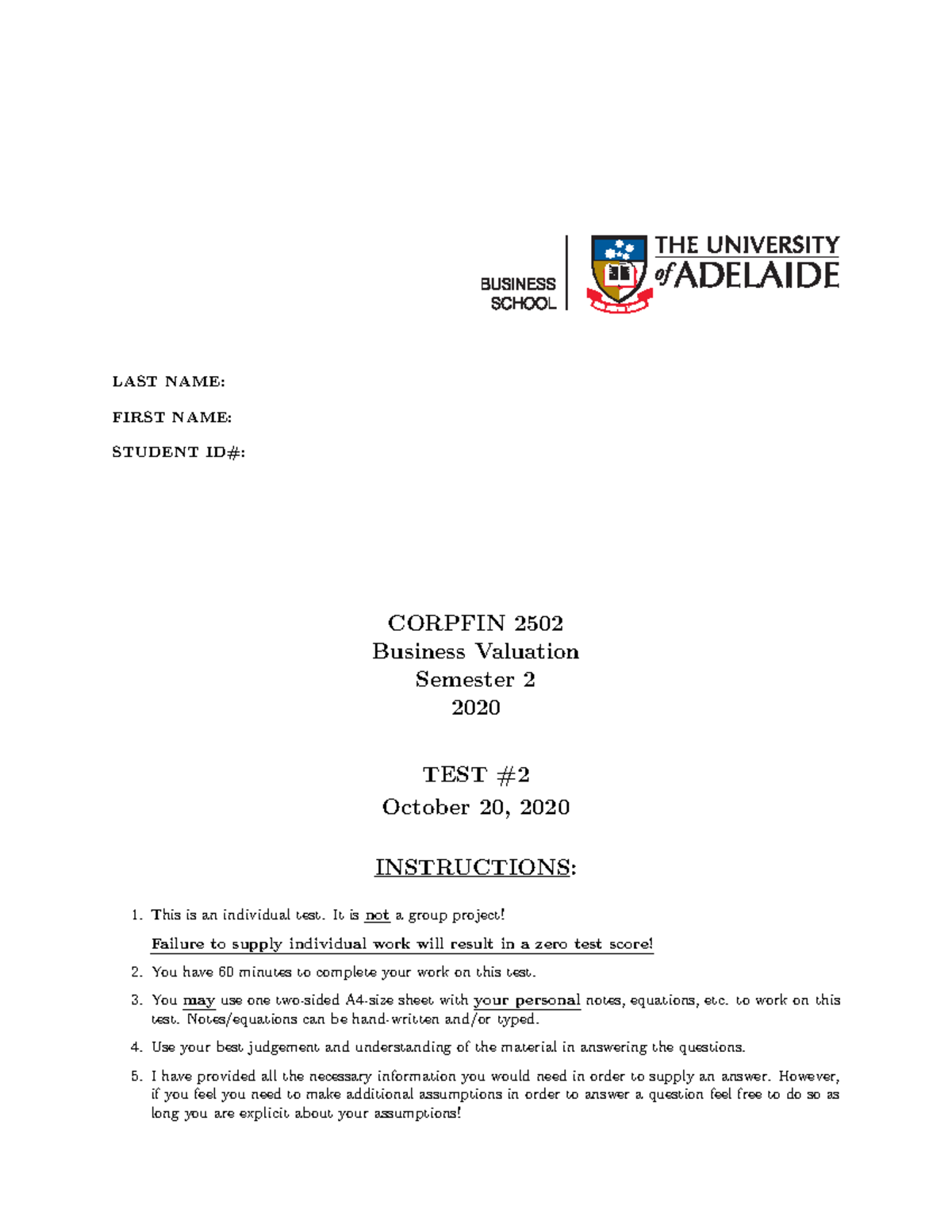 Corpfin 2502 2020sem2 test2 - LAST NAME: FIRST NAME: STUDENT ID ...
