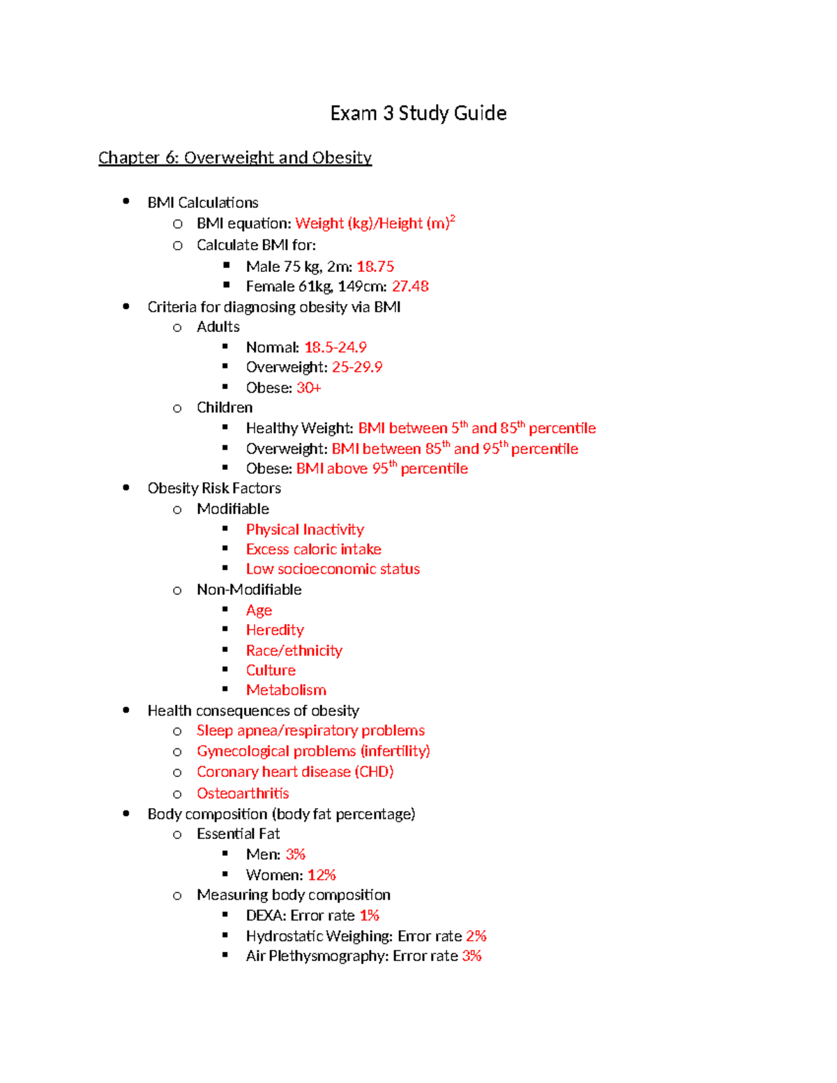Exam 3 Study Guide Answers 2 - Exam 3 Study Guide Chapter 6: Overweight ...