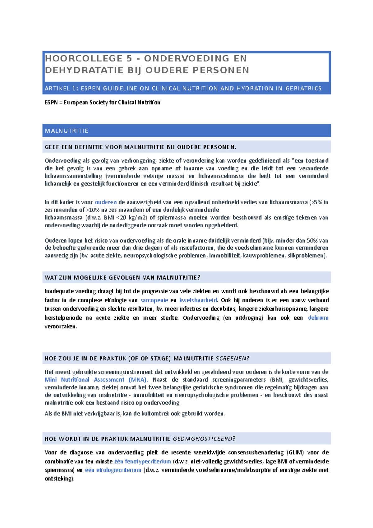 HOC5 - Ondervoeding EN Dehydratatie BIJ Oudere Personen - HOORCOLLEGE 5 ...