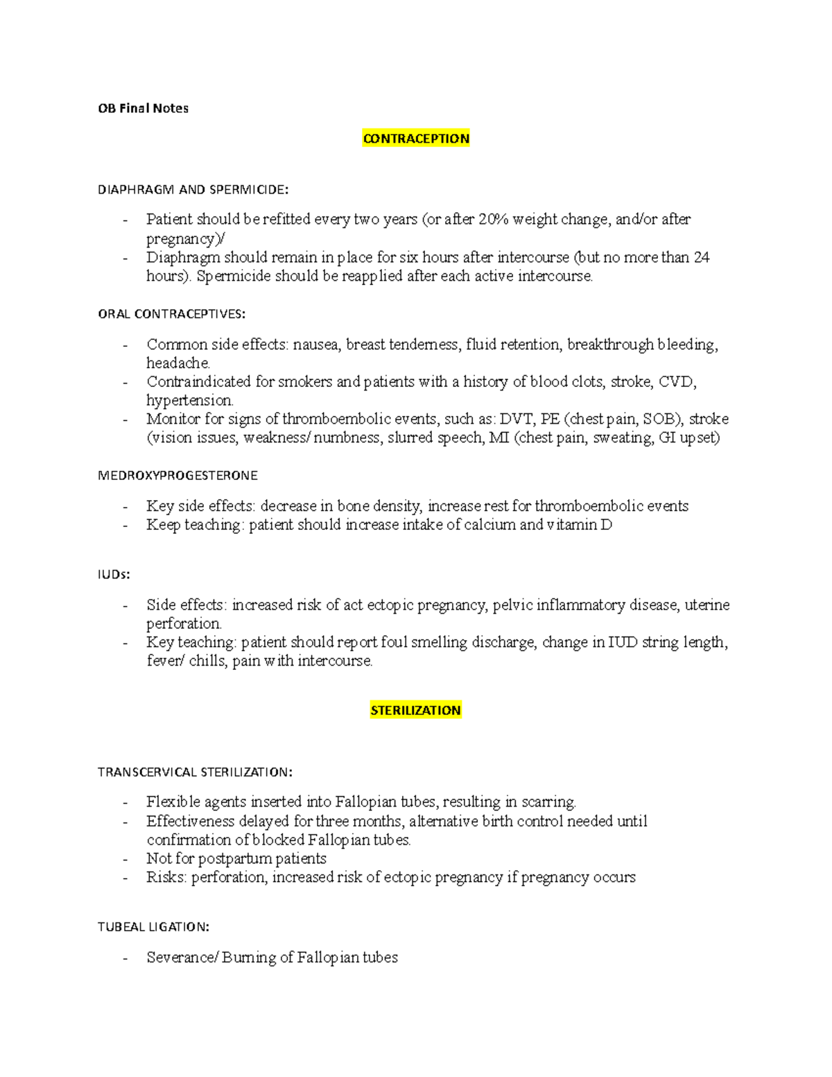 Maternal final notes - OB Final Notes CONTRACEPTION DIAPHRAGM AND ...