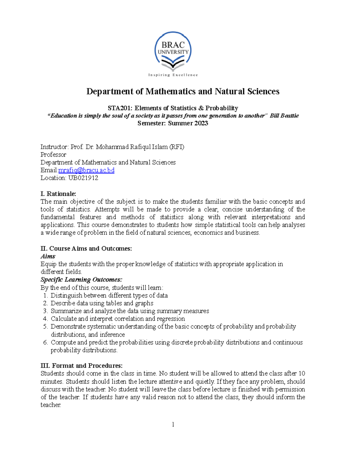 Outline Of Statistics - Department of Mathematics and Natural Sciences ...