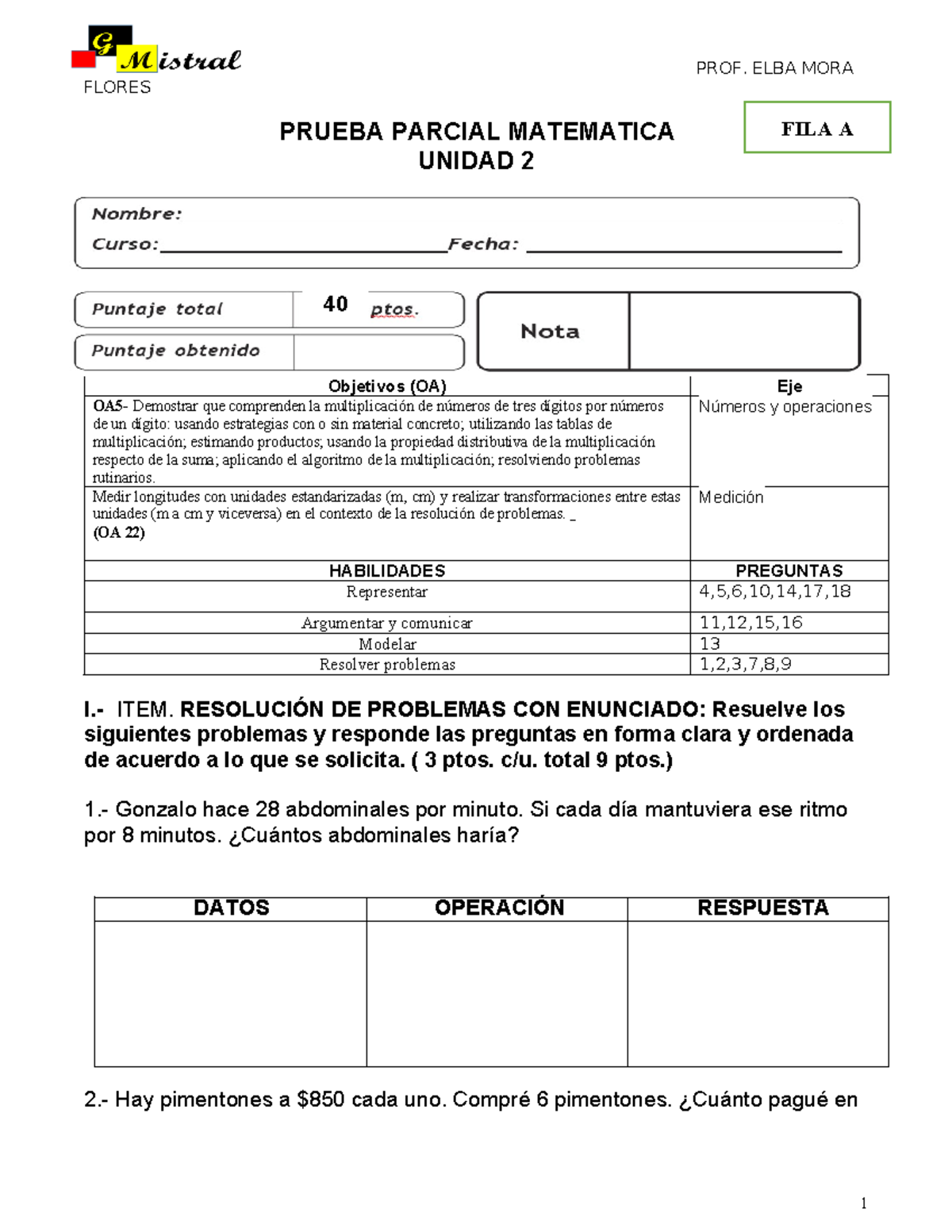 Prueba Parcial unidad 2 matematica fila A - FLORES PRUEBA PARCIAL ...
