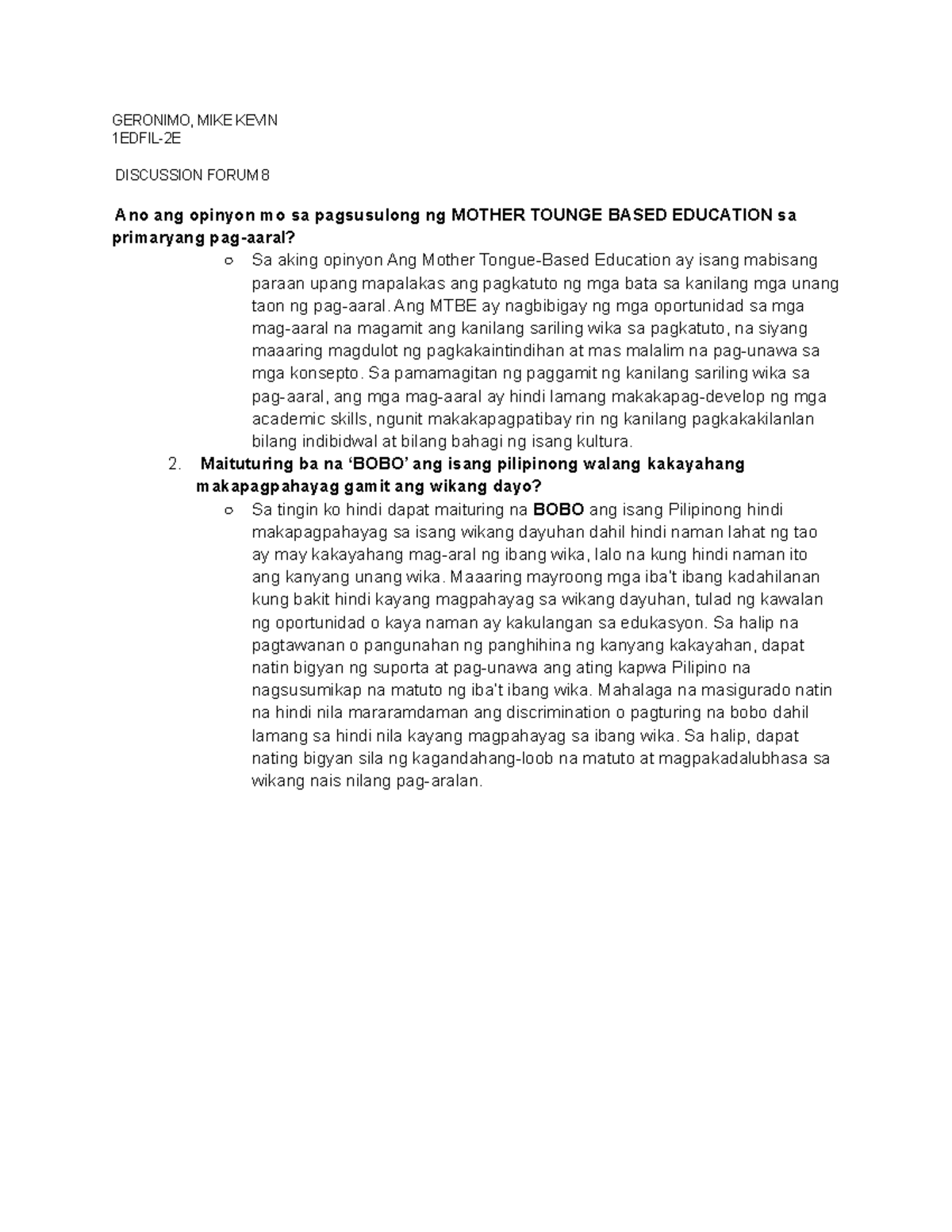 Discussion Forum 8 Geronimo, MIKE Kevin - GERONIMO, MIKE KEVIN 1EDFIL ...
