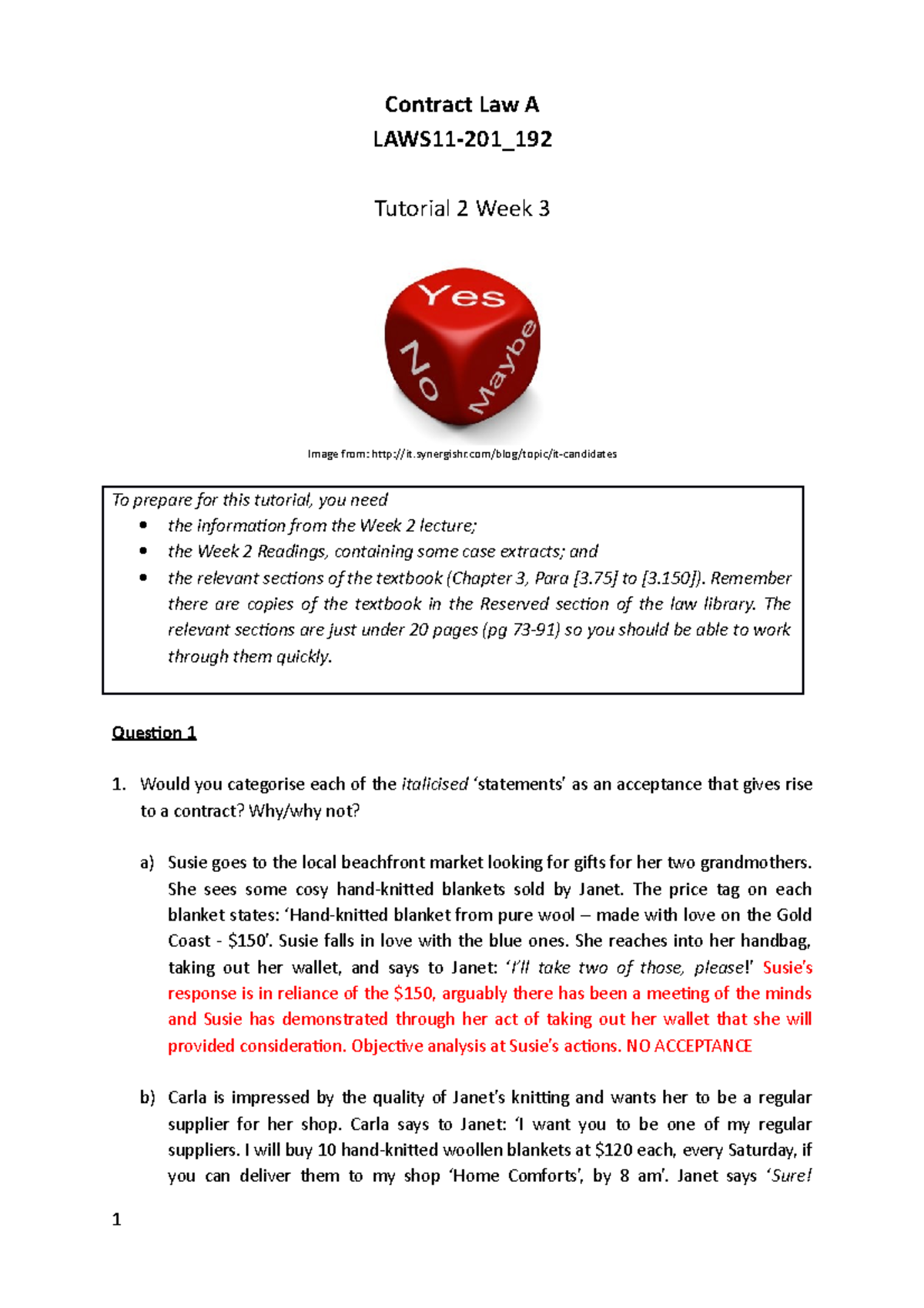 Contracts Tutorial Week 3 - Contract Law A LAWS11-201_ Tutorial 2 Week ...
