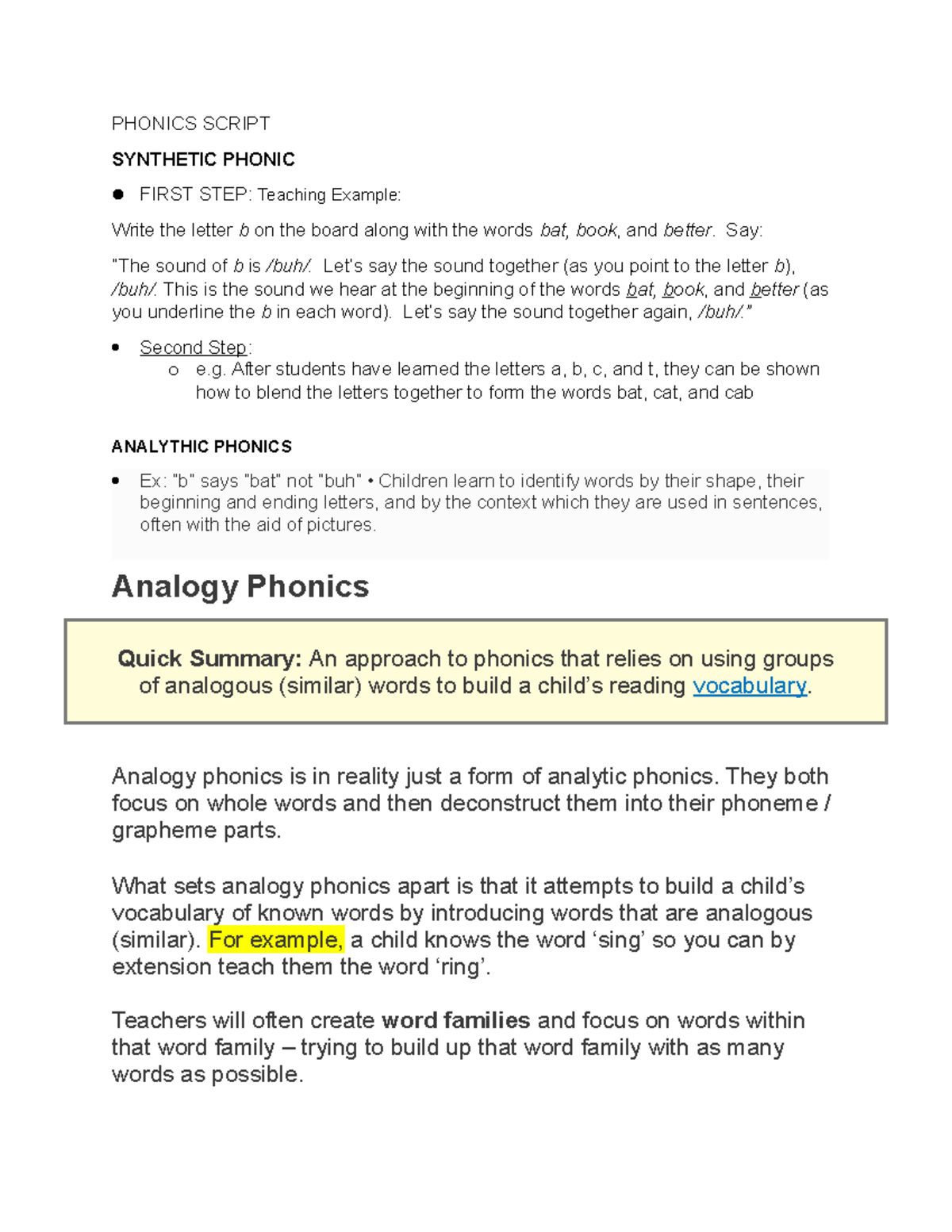 Phonics Script - it is a lecture note from school. kindly take a look ...