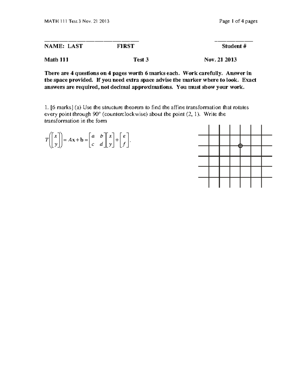 Test November 2013, questions and answers - Page 1 of 4 pages MATH 111 ...
