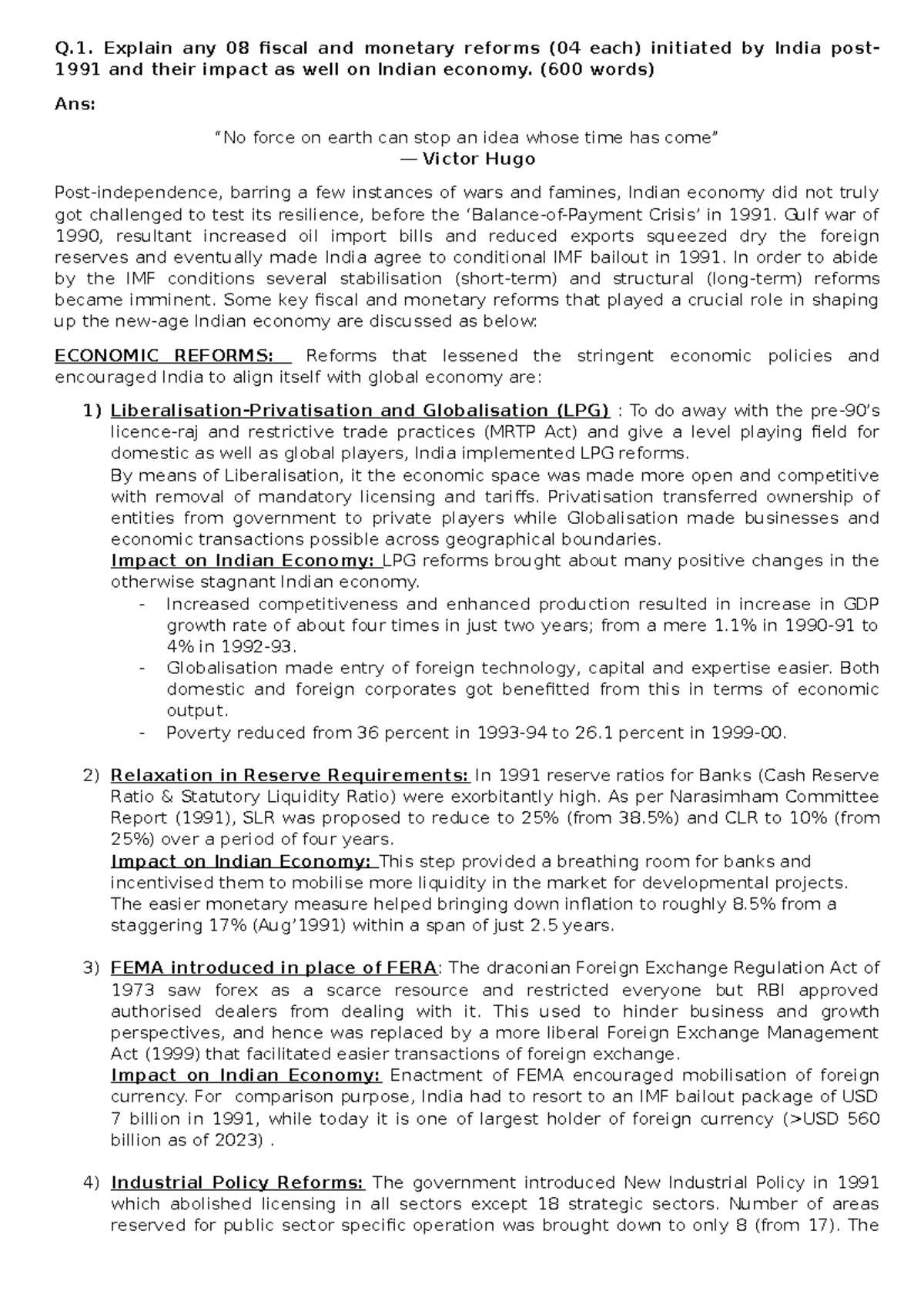 Test 2 BSG - ffdvdf - Q. Explain any 08 fiscal and monetary reforms (04 ...