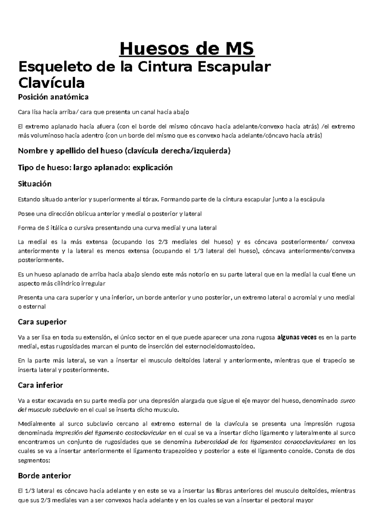 Huesos MS corregido - Huesos de MS Esqueleto de la Cintura Escapular Clavícula Posición ...