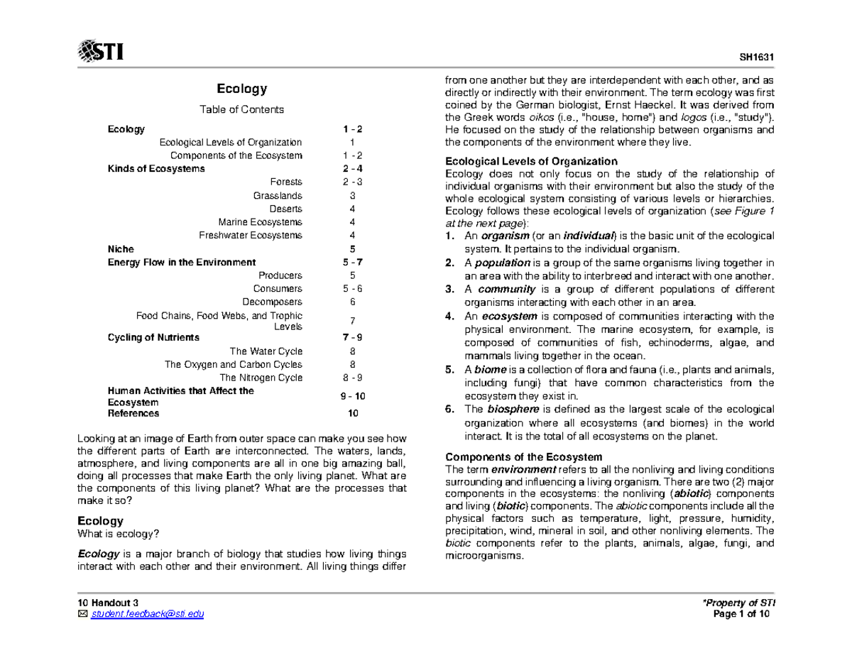 SCI10 Handout 32 - 10 Handout 3 *Property of STI Ecology Table of ...