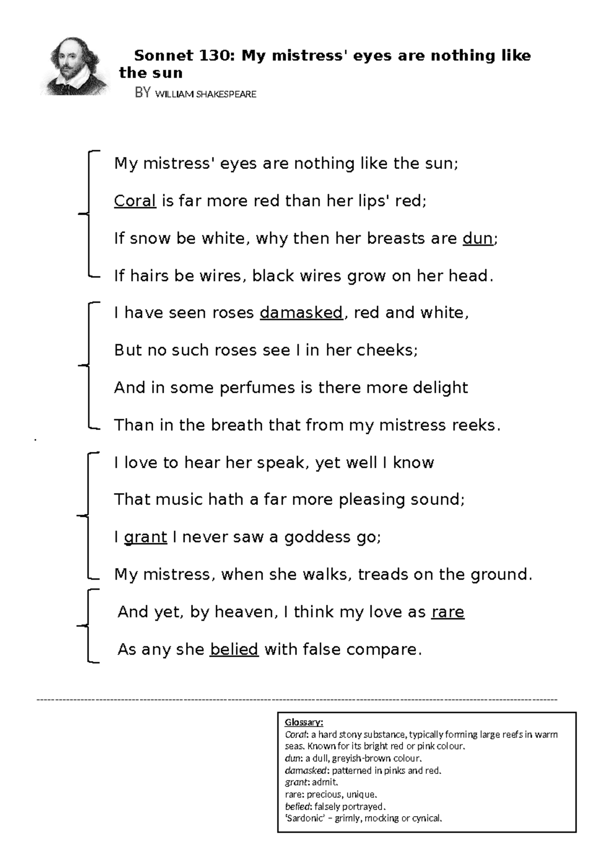 2. Sonnet 130 - William Shakespeare - Sonnet 130: My mistress' eyes are ...