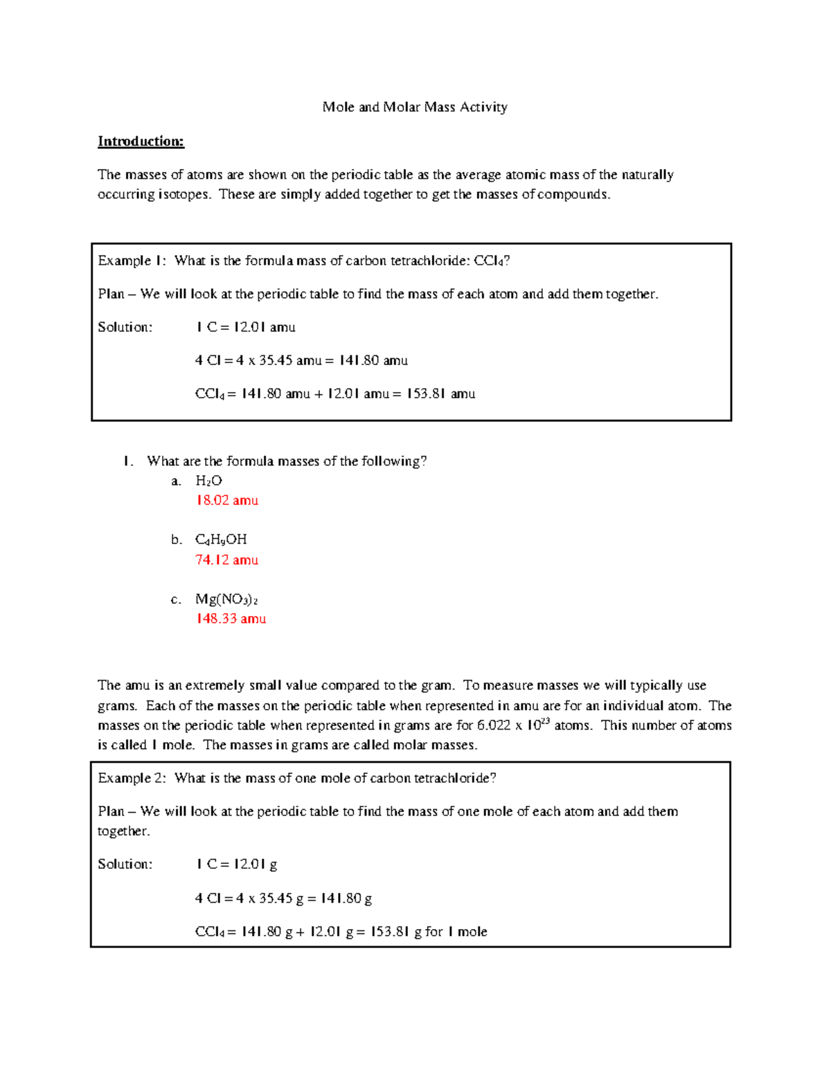 2.d Moles and Molar Mass Key - Mole and Molar Mass Activity ...