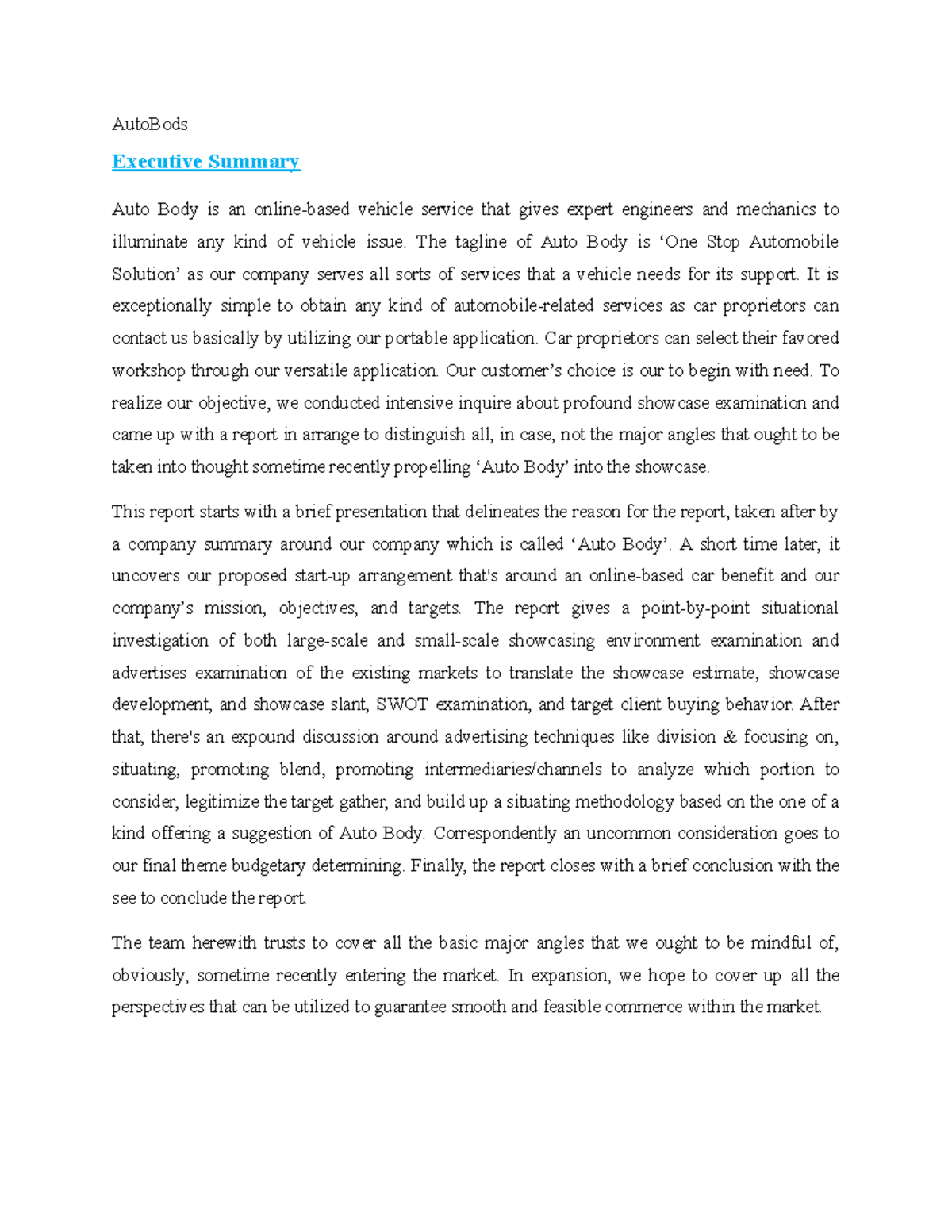 Final Report ALL PART - Grade: A - AutoBods Executive Summary Auto Body ...