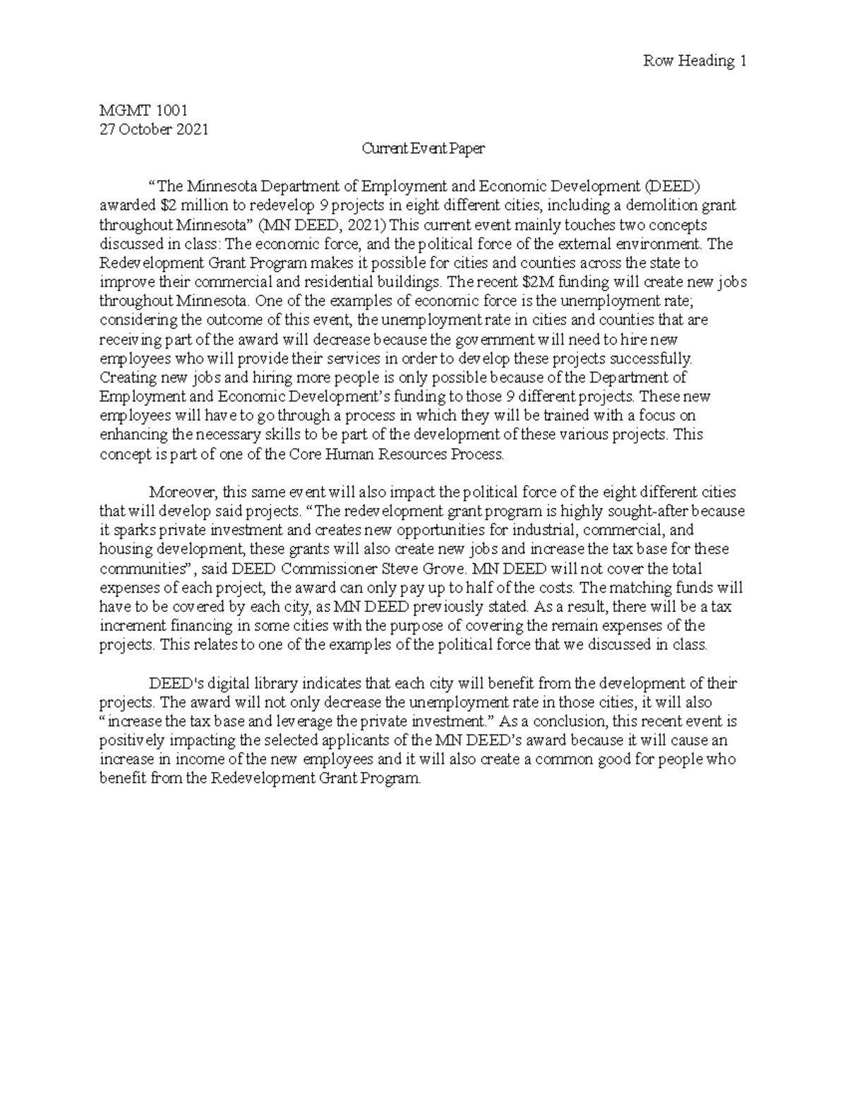 Current event paper MGMT 1101 - Row Heading 1 MGMT 1001 27 October 2021 ...