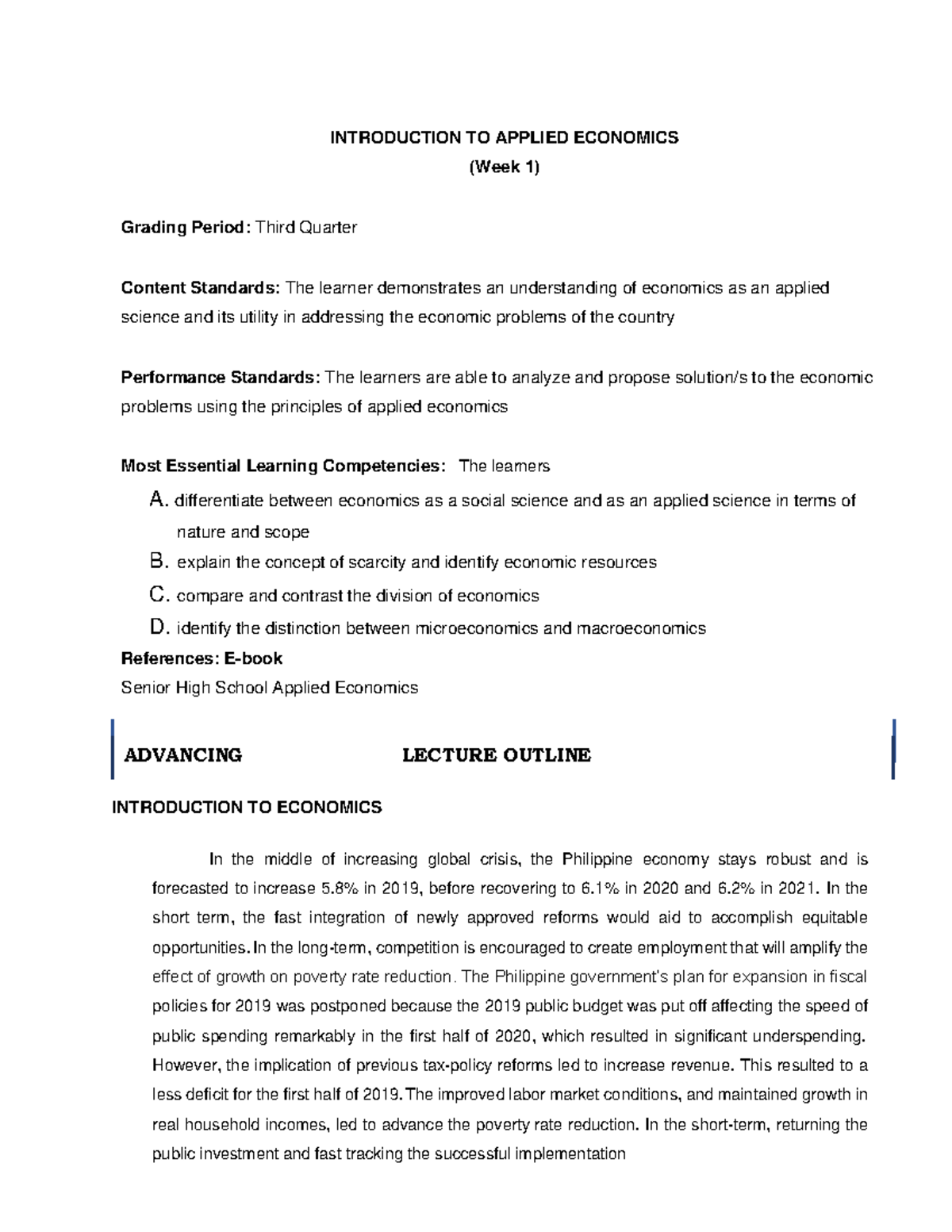 ECO W1-2-1 - INTRODUCTION TO APPLIED ECONOMICS (Week 1) Grading Period ...