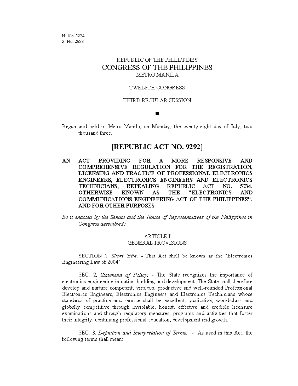 RA-9292 - this is just a copy of what you need to learn - H. No. 5224 S ...