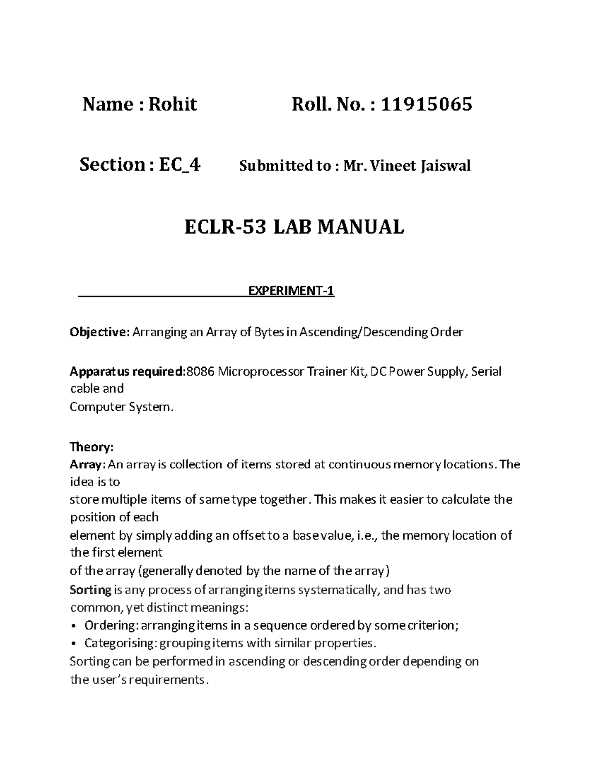 microprocessor practical file 5th semester - Name : Rohit Roll. No ...