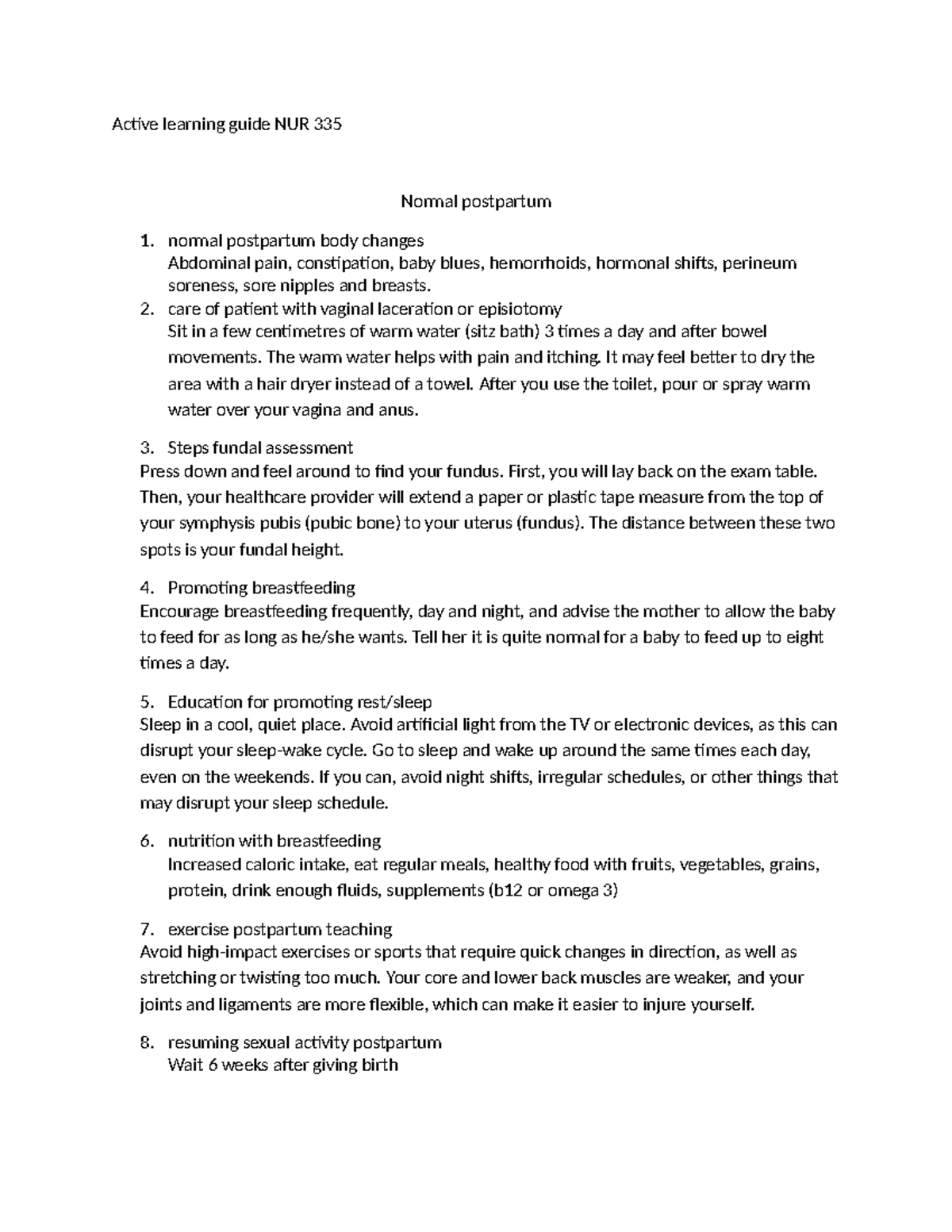 Active learning guide exam 3 - Active learning guide NUR 335 Normal postpartum normal postpartum ...