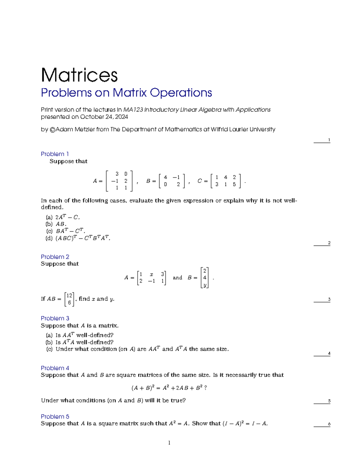 Matrix Operations Problems - Matrices Problems on Matrix Operations ...