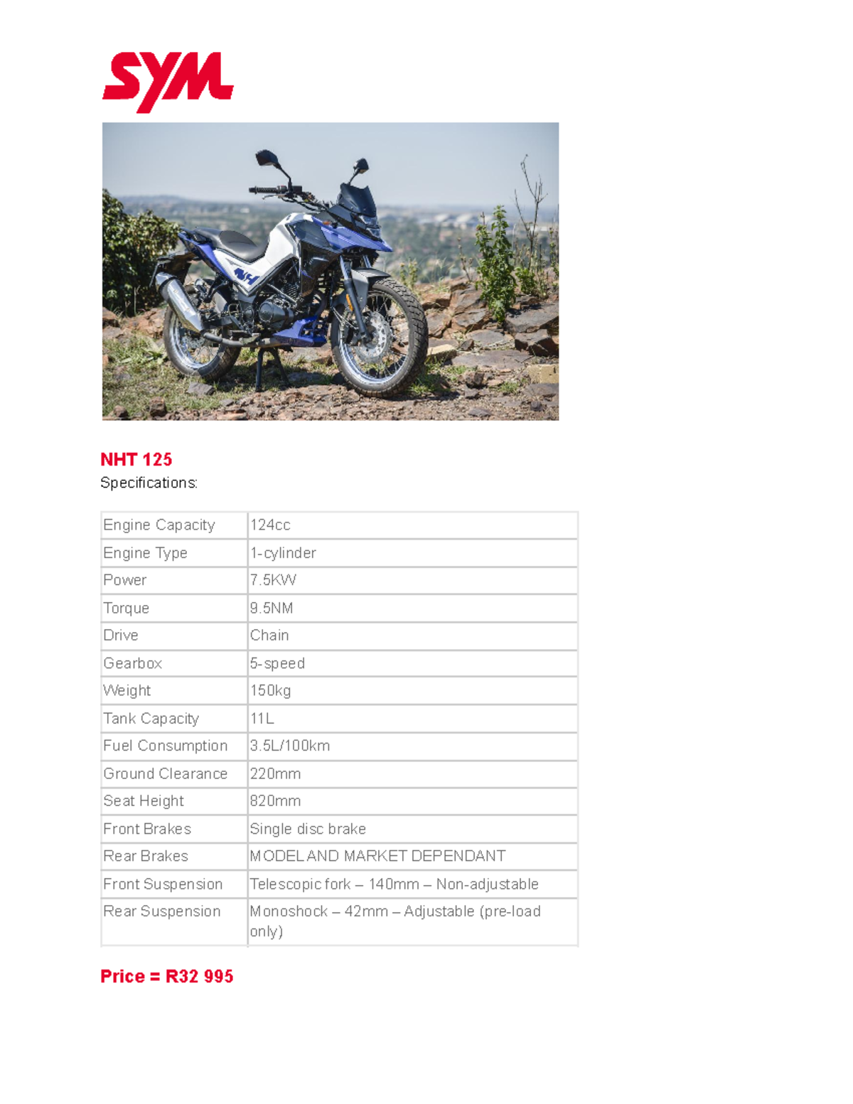 SYM-NHT-125 - NHT 125 Specifications: Engine Capacity 124cc Engine Type ...