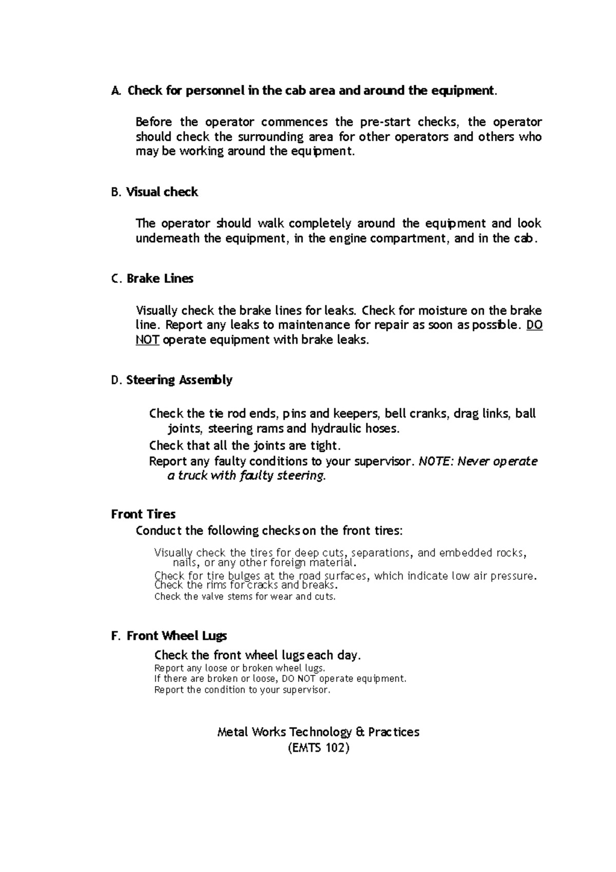 Module 1 Lesson 2 part 2 - A. Check for personnel in the cab area and ...