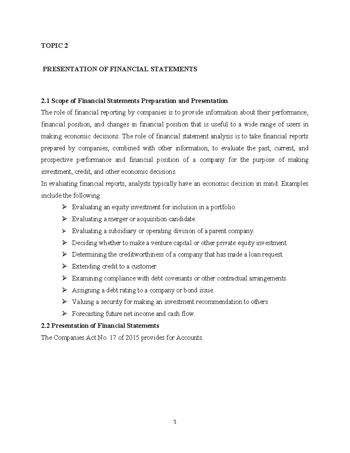 Financial analysis - TOPIC 2 PRESENTATION OF FINANCIAL STATEMENTS 2 ...