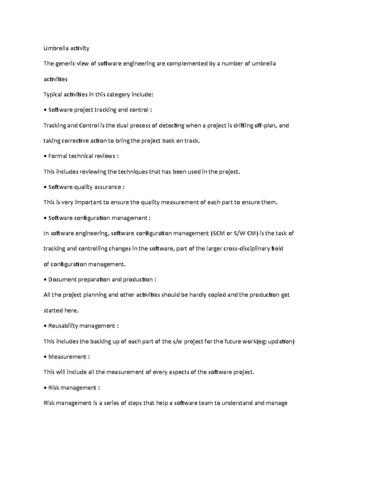 Umbrella activity - Umbrella activity The generic view of software ...