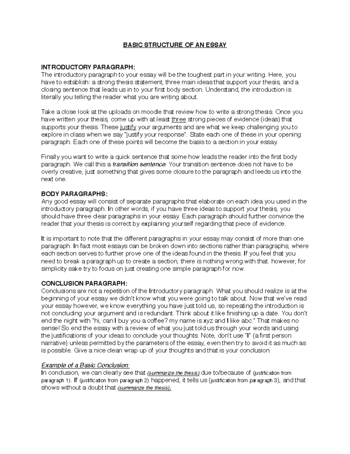 Basic Structure Of An Essay BASIC STRUCTURE OF AN ESSAY INTRODUCTORY