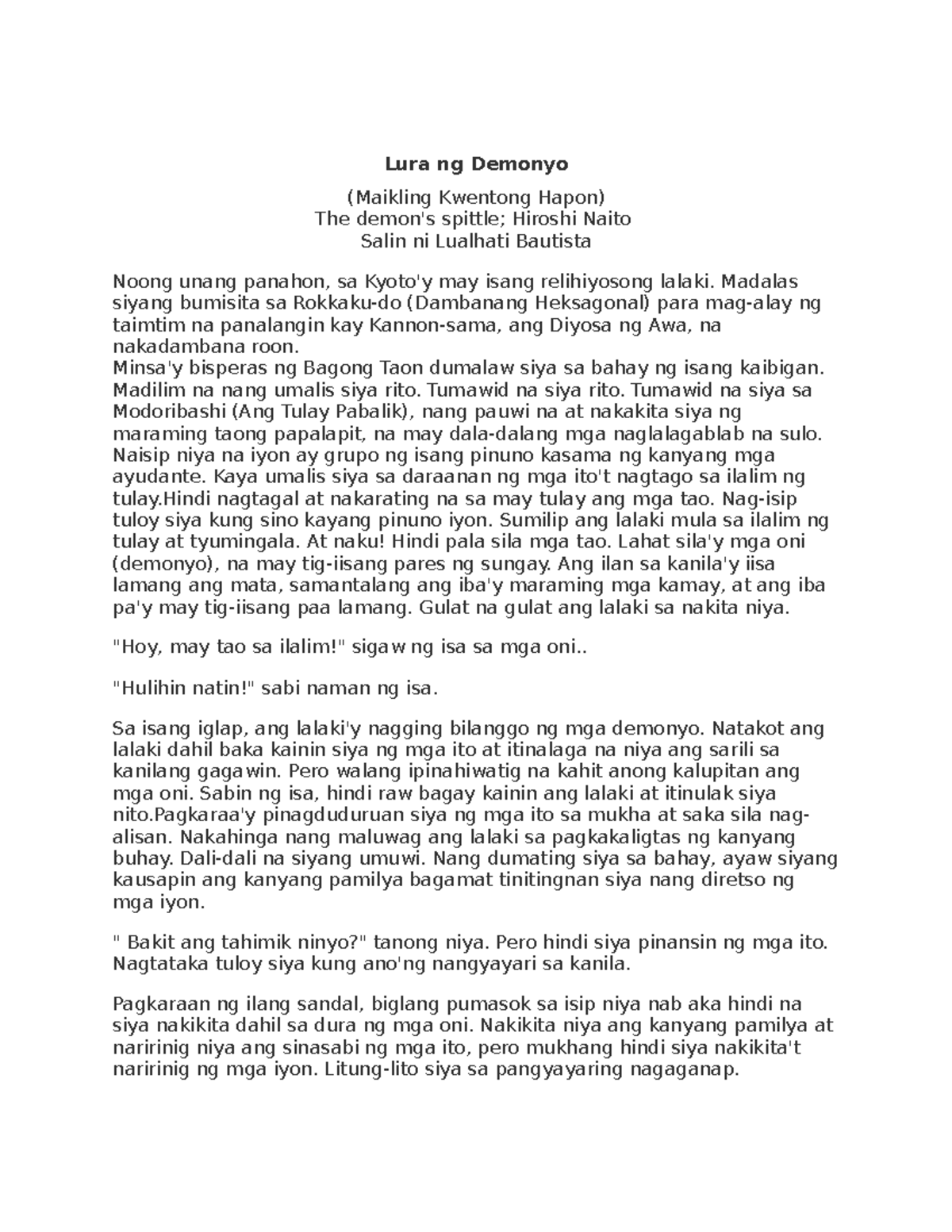 Lura ng Demonyo - Reading Material - Lura ng Demonyo (Maikling Kwentong ...