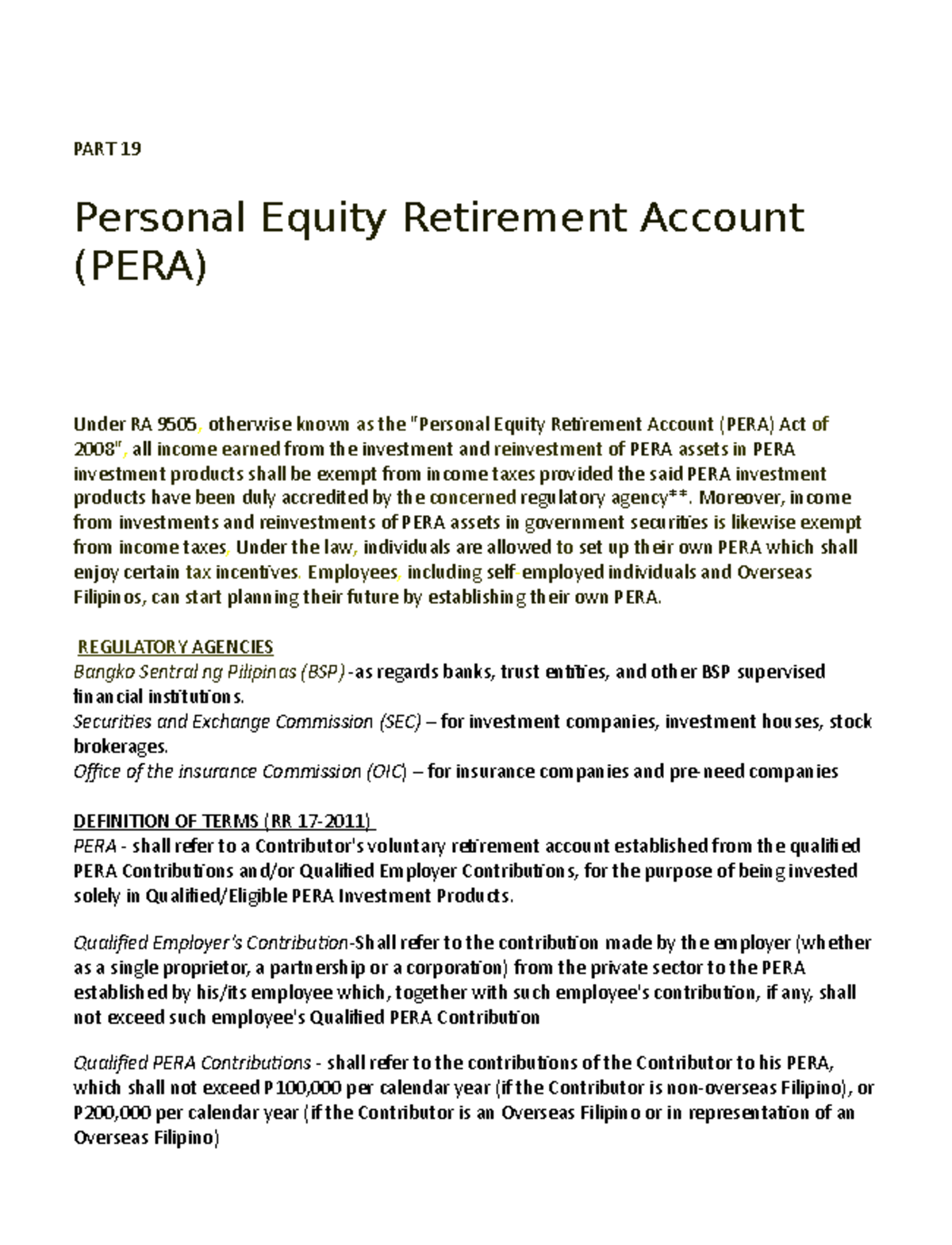 19 Personal Equity Retirement Account PERA - PART 19 Personal Equity ...