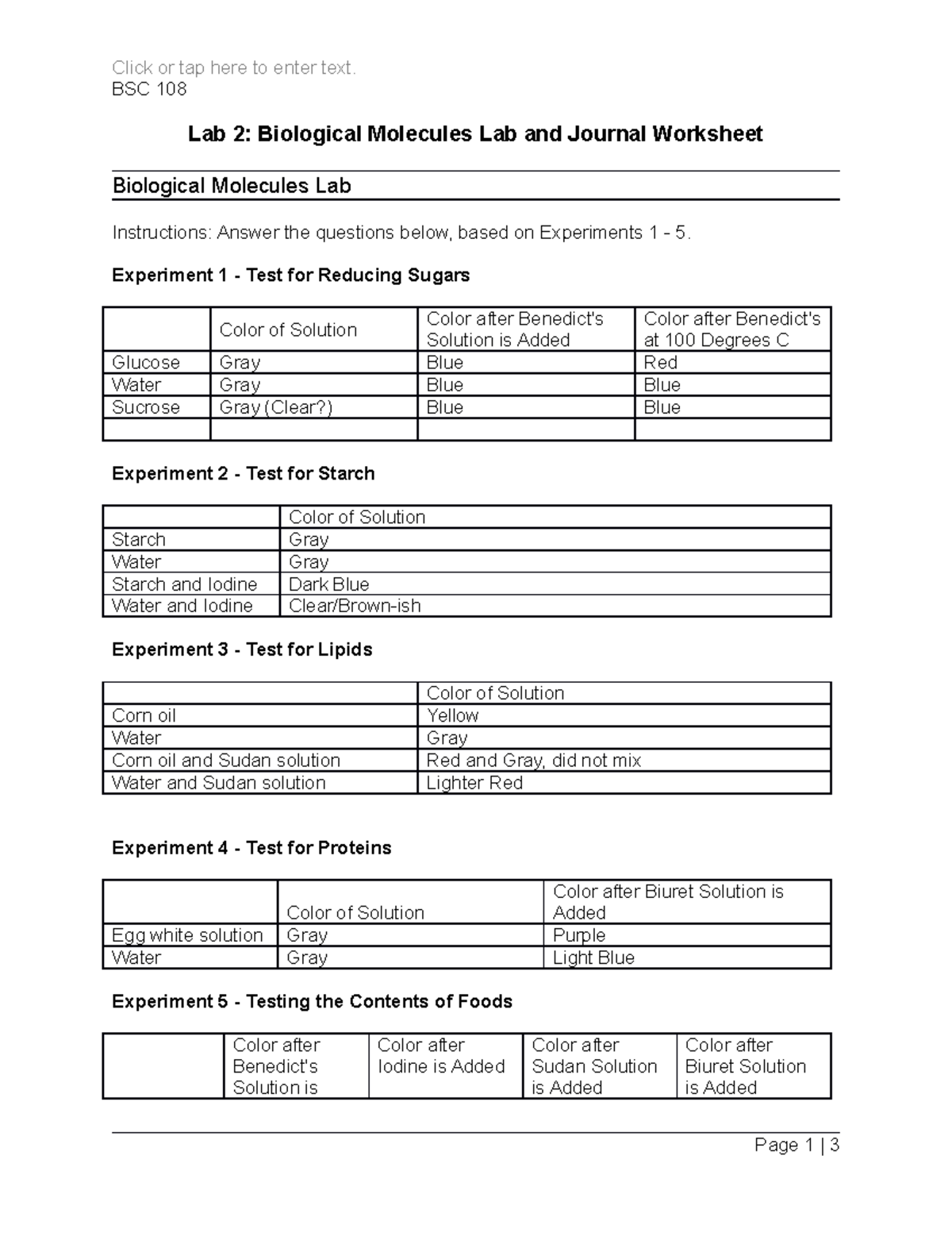 Lab 2 Worksheet - Click or tap here to enter text. BSC 108 Lab 2: Biological Molecules Lab and ...