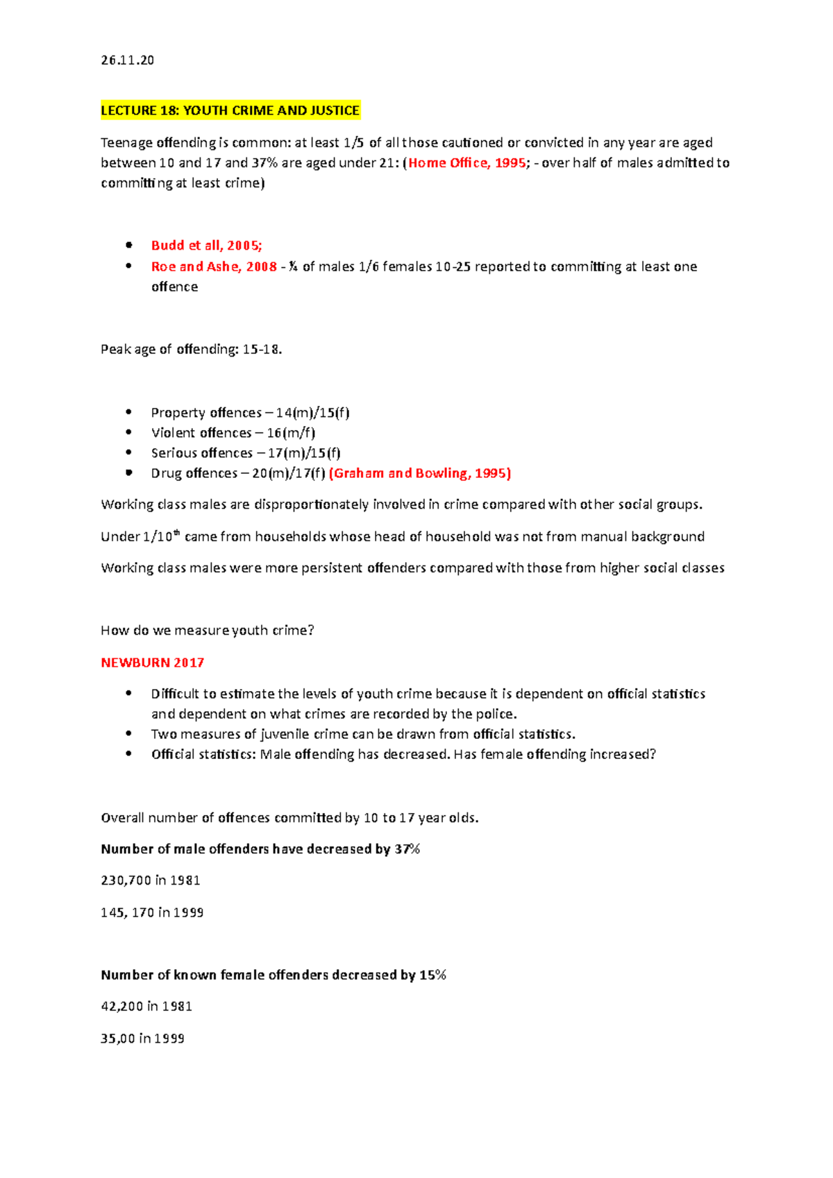 Youth Crime and Justice Notes - LECTURE 18: YOUTH CRIME AND JUSTICE ...