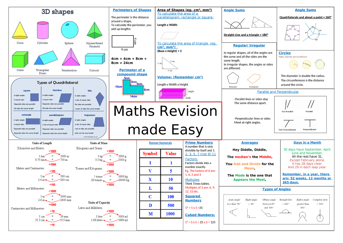 Key stage 2 maths revision mat - Area of Shapes (eg. cm², mm²) To ...