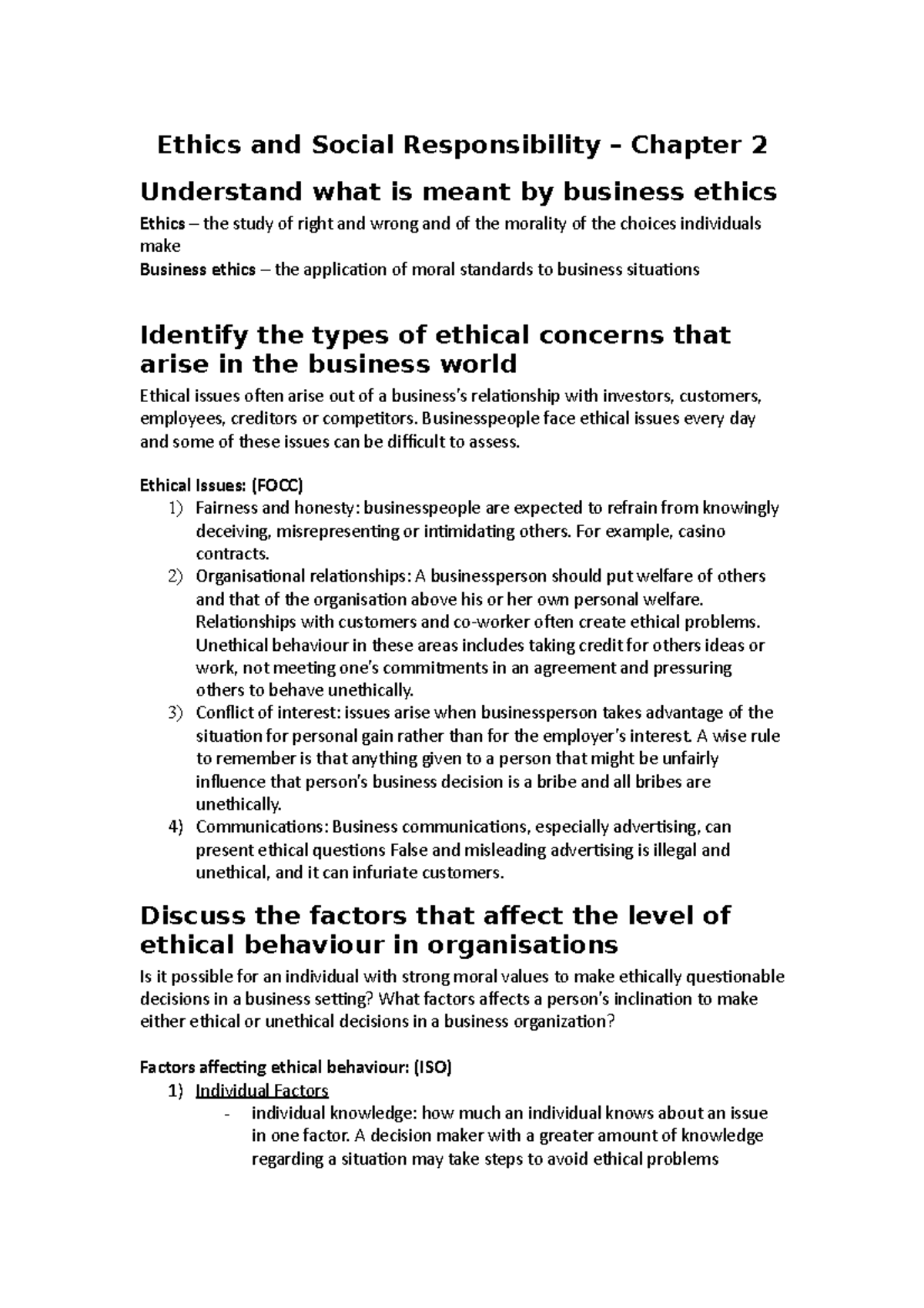 Business Management 113 Chapter summaries - Ethics and Social ...