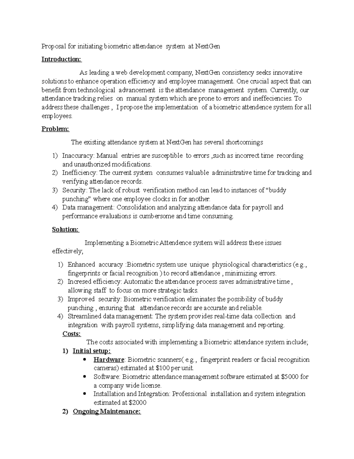 Proposal For Initiating Biometric Attendance System At Next Gen