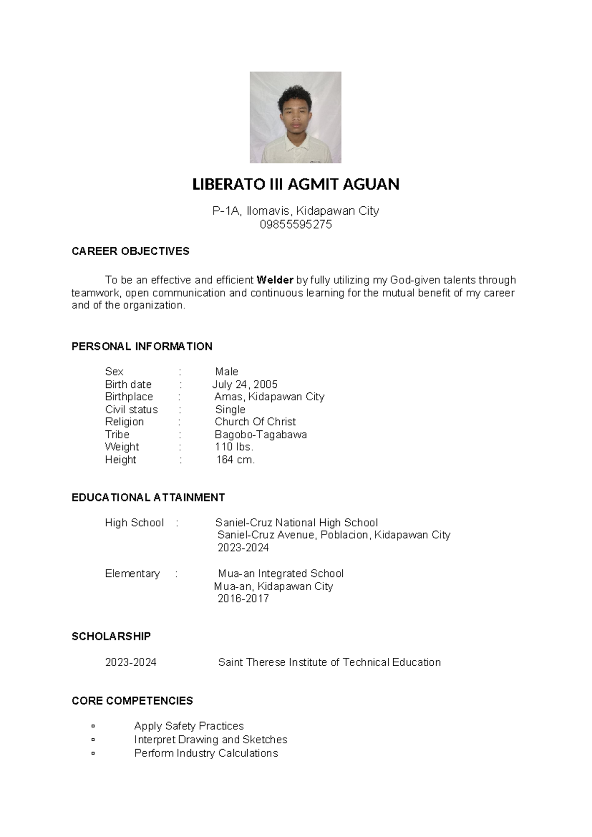 Work Immersion Resume - LIBERATO III AGMIT AGUAN P-1A, Ilomavis ...
